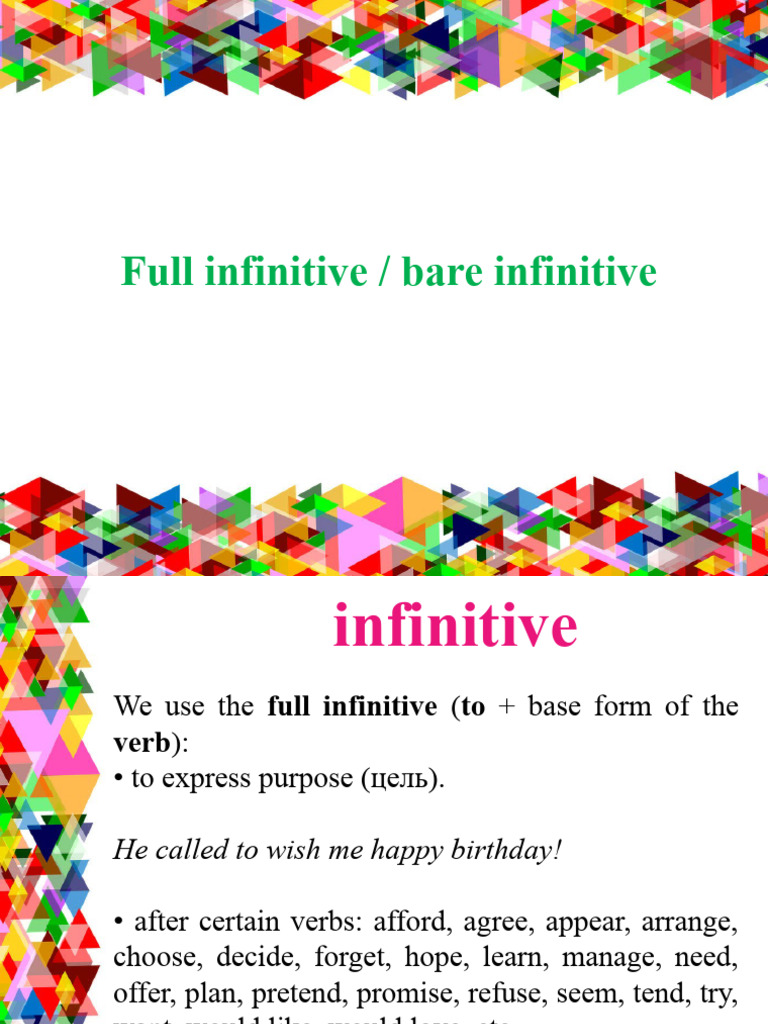 Full Infinitive - Bare Infinitive | PDF | Verb | Linguistics