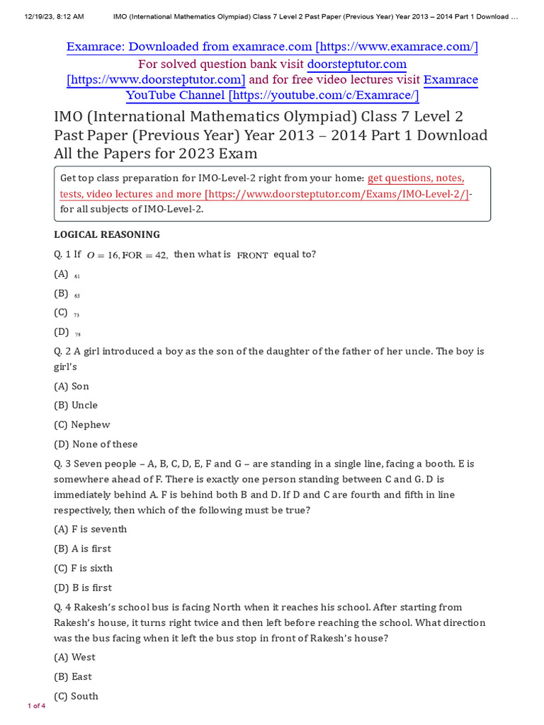 IMO Level 2 Class 7 Paper 2013 2014 Part 1 | PDF | Mathematics