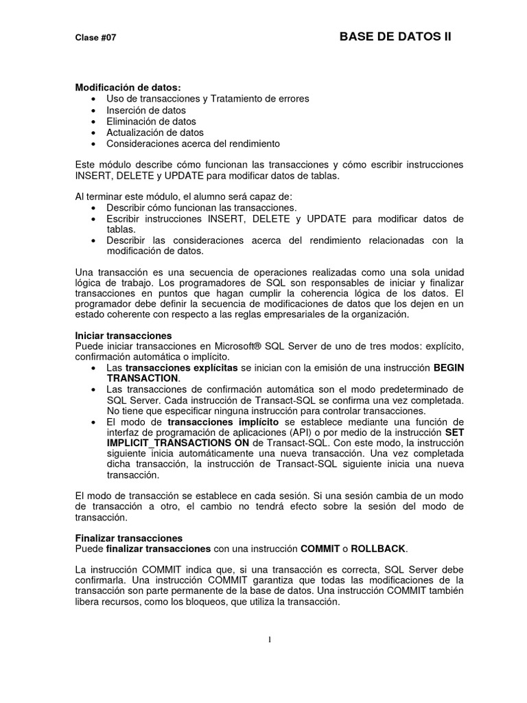 BDII - U1C7 Modificacion de Datos - ESTUDIANTE | PDF | SQL | Servidor SQL de Microsoft