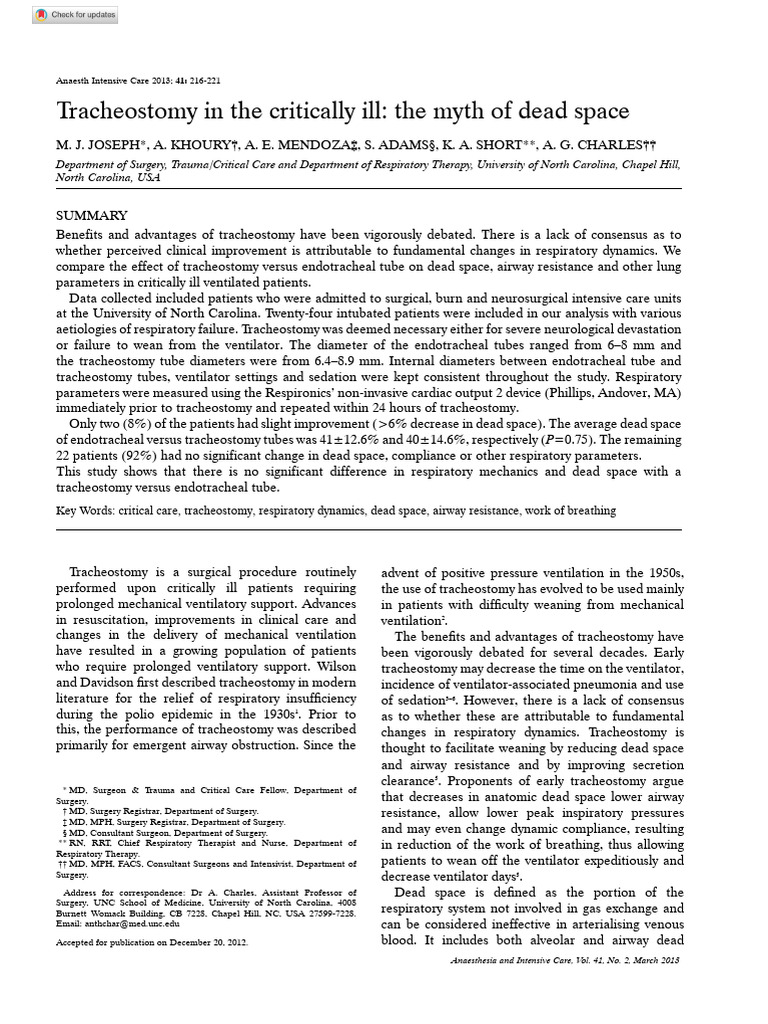Joseph Et Al 2013 Tracheostomy in The Critically Ill The Myth of Dead ...