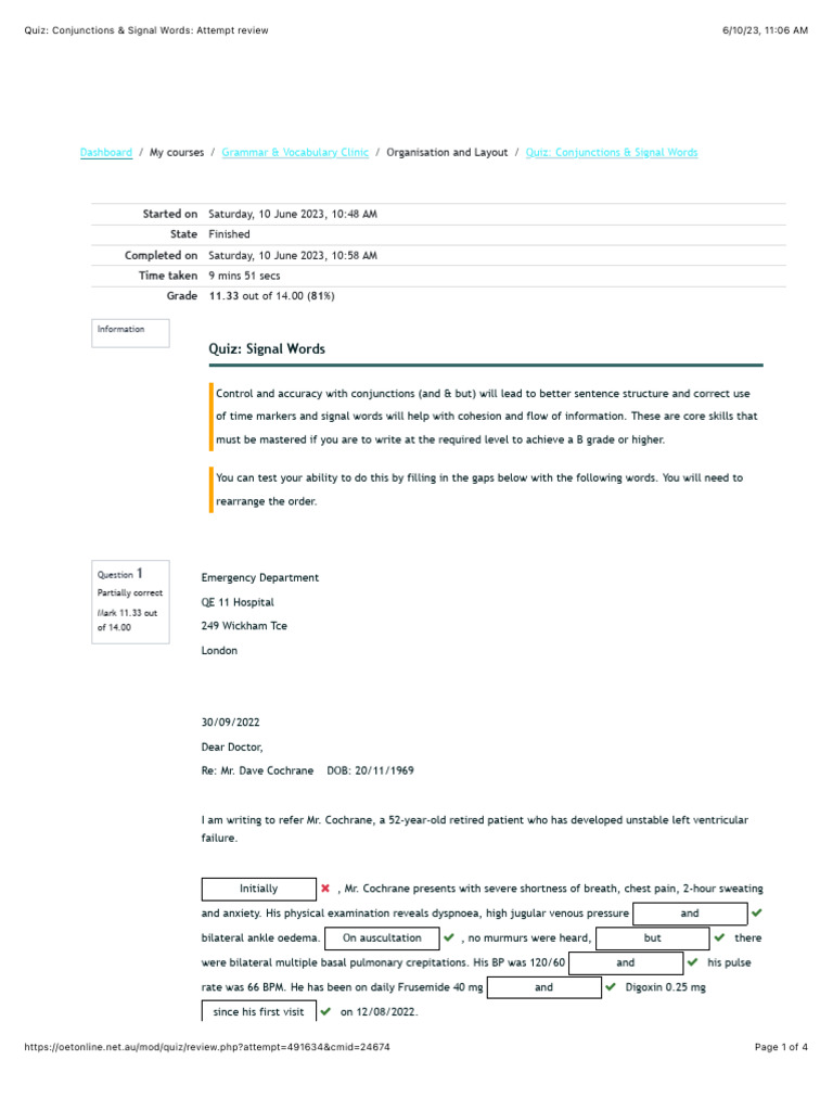 Quiz Conjunctions & Signal Words Attempt Review | PDF | Clinical ...