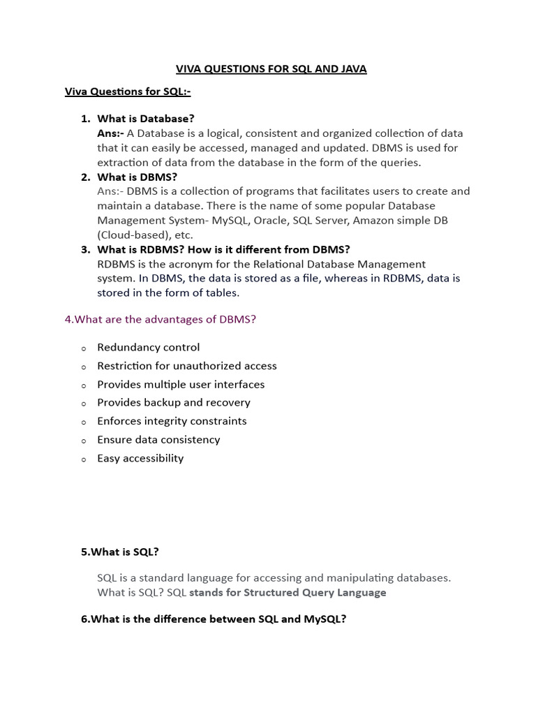 Viva Questions For SQL & Java For STD 12 QUESTIONS | Download Free PDF | Relational Database | Sql