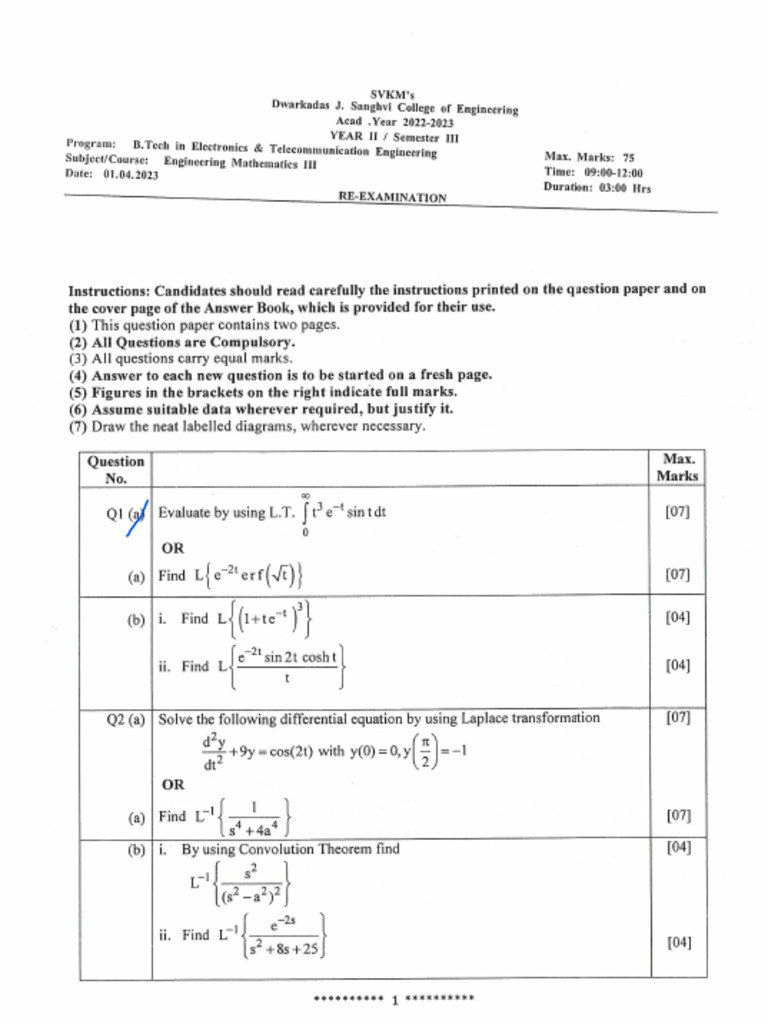 Engineering Mathematics III - QP EXTC 2023 | PDF