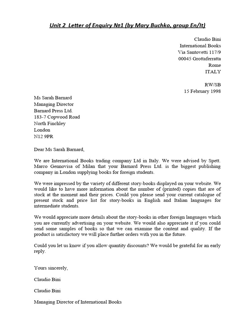 Letter of Enquiry 1, Unit 2 | PDF