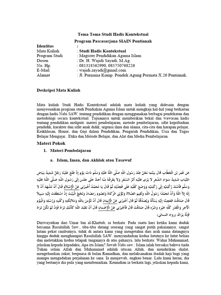 Tema Tema Materi Studi Hadis Kontekstual Pendidikan | PDF