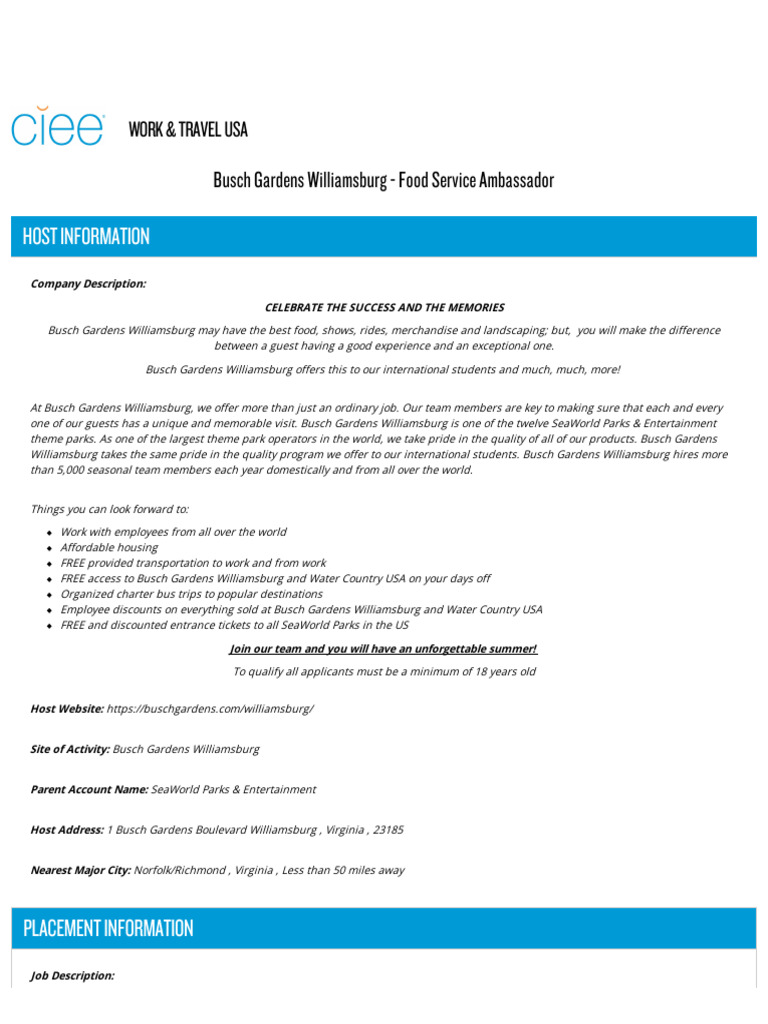 Food Service Ambassador at Busch Gardens | PDF | Overtime | Employment