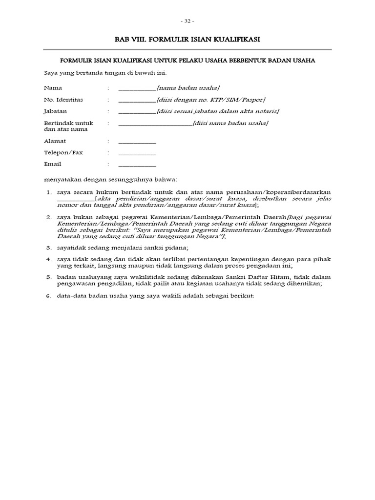 Contoh Formulir Isian Kualifikasi Penyedia Jasa | PDF | Hukum