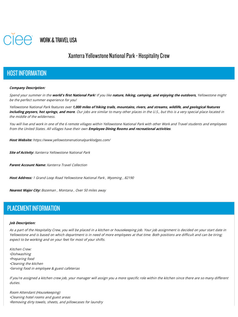 Xanterra Yellowstone National Park - Hospitality Crew - 2024 Summer ...