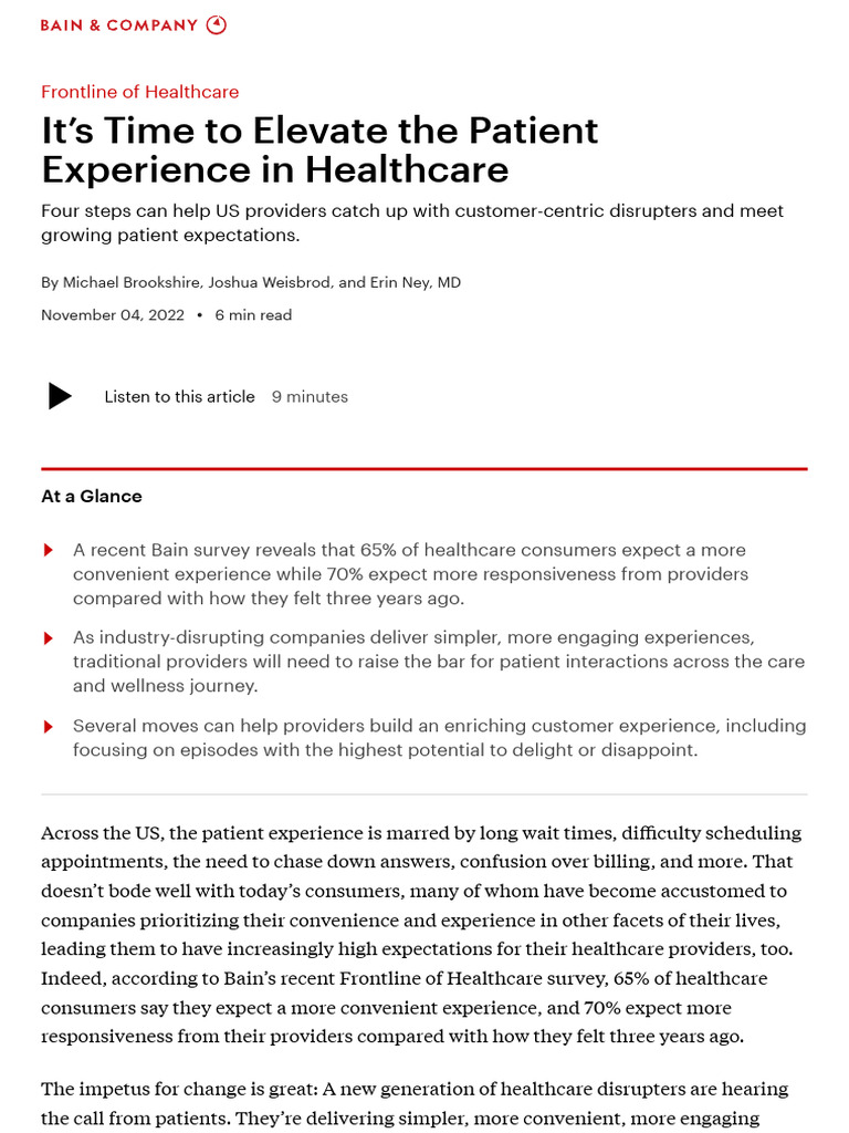 Frontline of Healthcare - It's Time To Elevate The Patient Experience in Healthcare - Bain ...