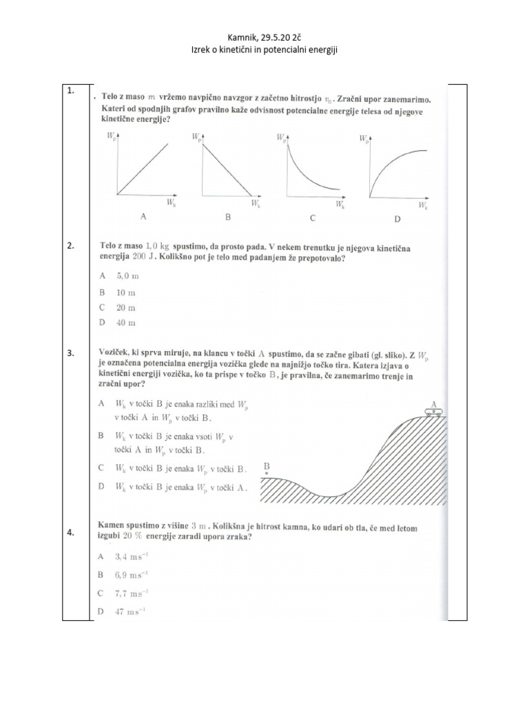 023 Vaje Za Test Izrek o Kin in Pot Energ. 29.5.20 2č | PDF