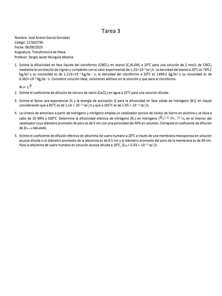 Transferencia de Masa - Tarea3 | PDF