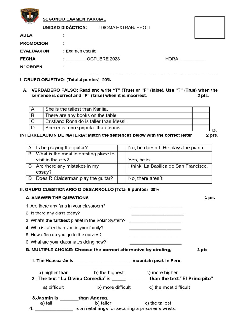 EXAMEN PARCIAL II. Grupo 1 | PDF