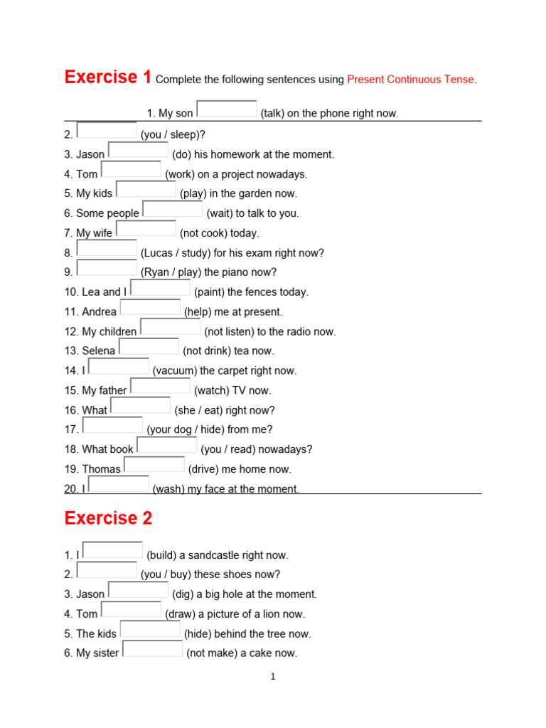 Present Continuous Tense Exercises | PDF