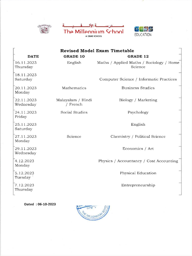 Revised Model Exam Timetable - Grade 10 and 12 | PDF