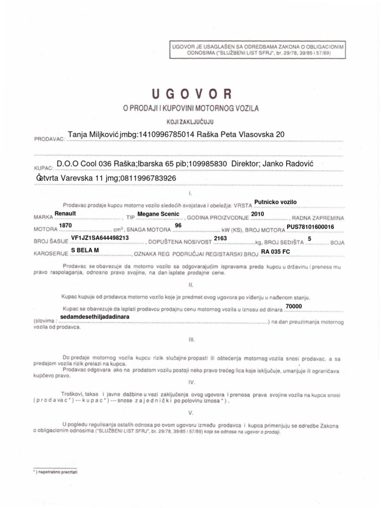 Kupoprodajni Ugovor Za Motorno Vozilo Online | PDF