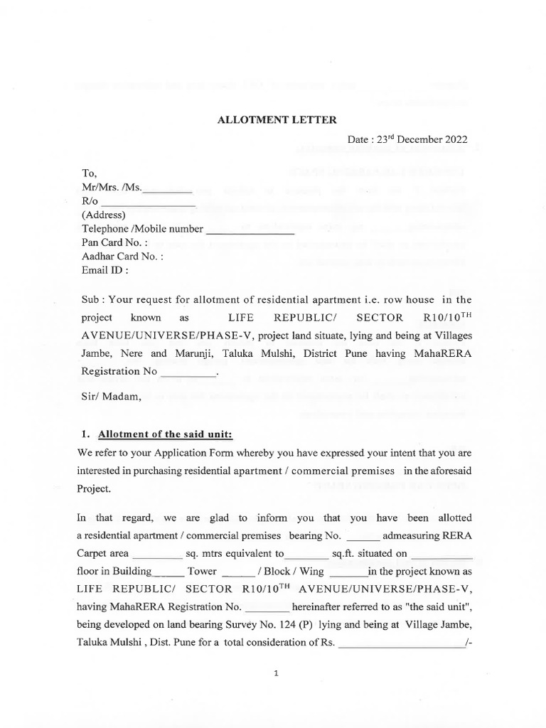 Allotment Letter Sample | PDF
