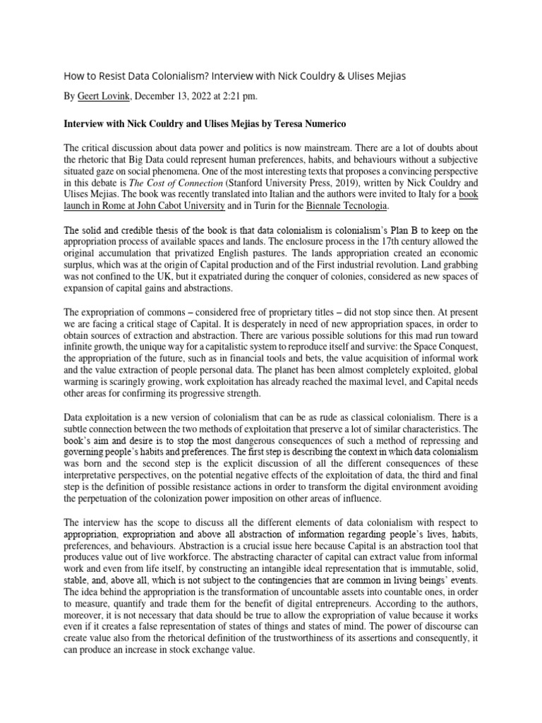 Data Colonialism | PDF | Colonialism | Data