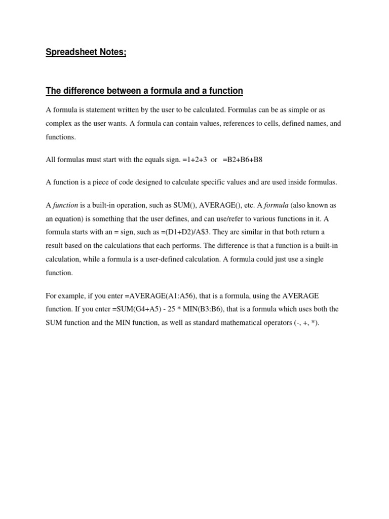 Week 1 and 2 - The Difference Between A Formula and A Function | PDF