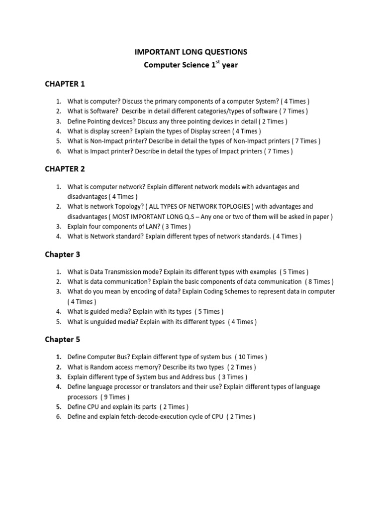 Zartab 1st Year Long Questions Computer Science | PDF | Computer Network | Operating System