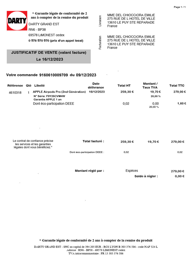 Facture Darty Airpods Pro | PDF | Taxe sur la valeur ajoutée | Financement du gouvernement