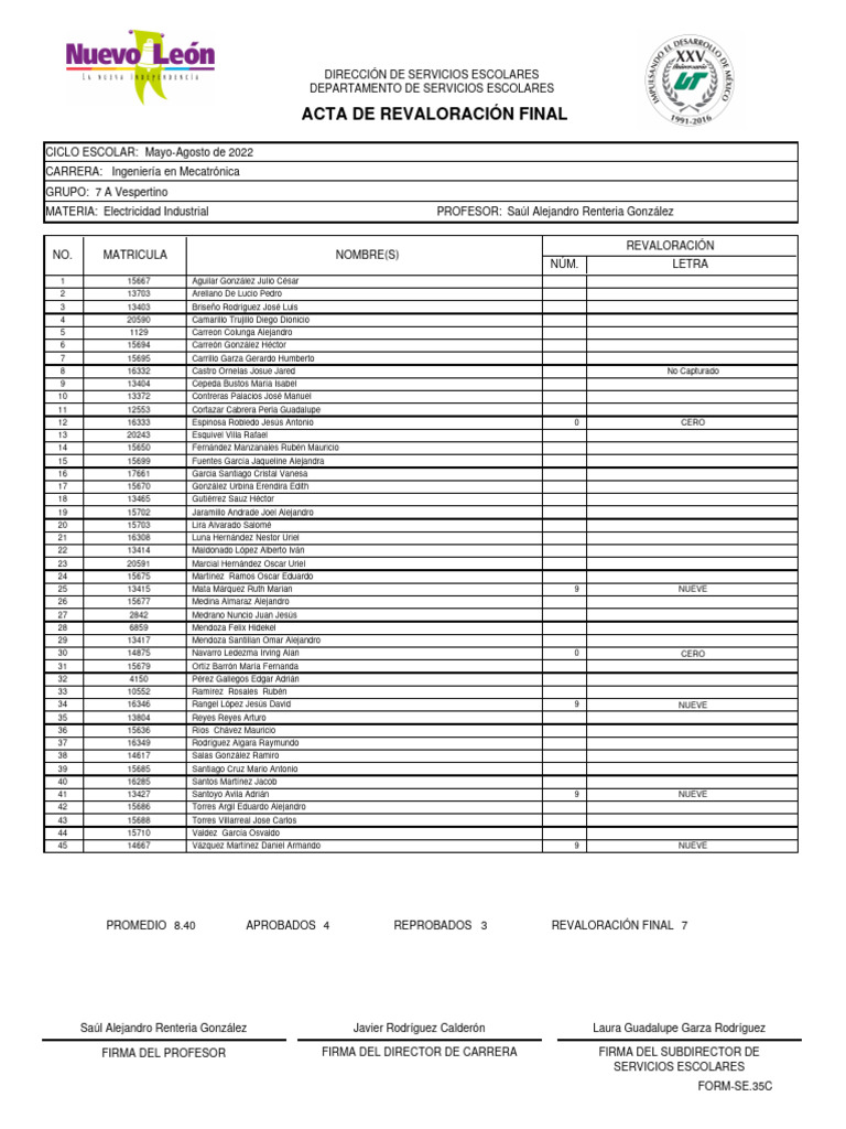 PRN - Calificaciones - Rev - Final - 7 A Vespertino | PDF