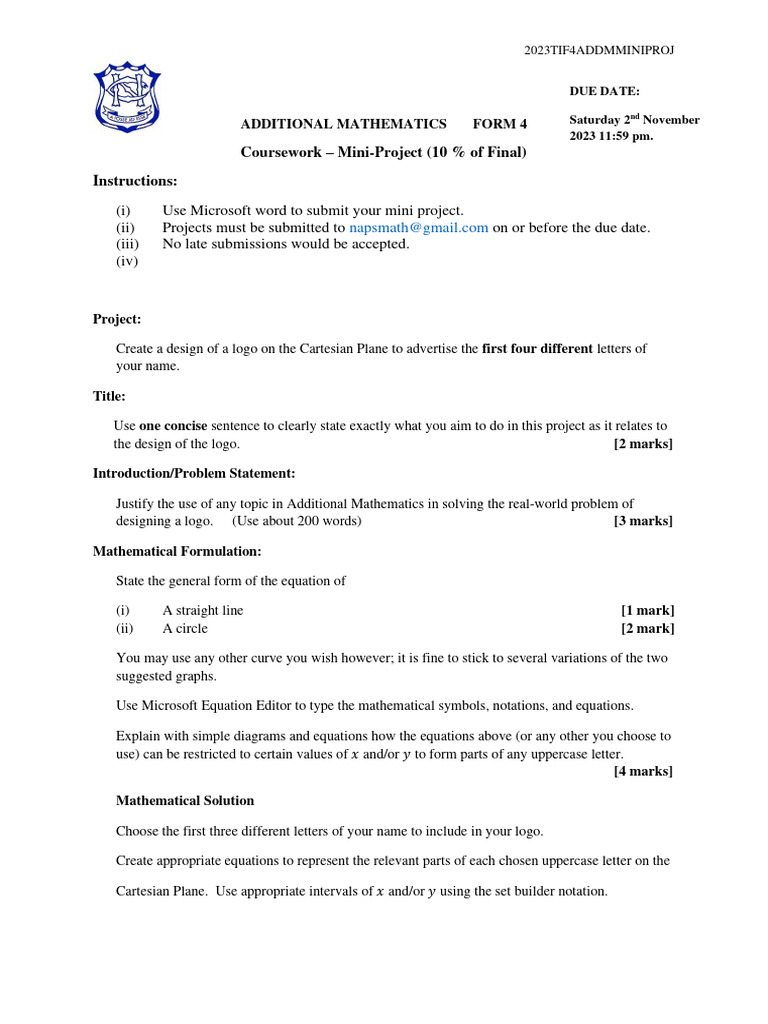 2023 T1 F4 Add Math Proj | PDF | Equations | Mathematics