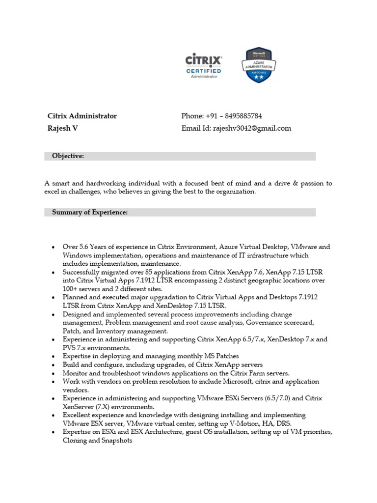 Citrix Administrator Rajesh V: Phone: +91 - 8495885784 | PDF | Citrix Systems | Software Engineering