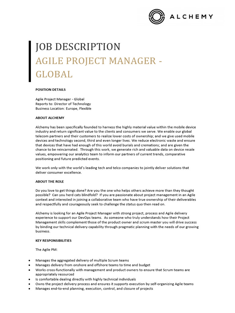 Agile Project Manager JD - 20223101 | PDF | Scrum (Software Development) | Agile Software ...