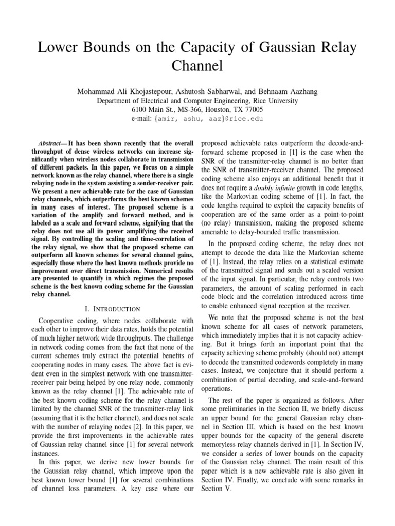 Lower Bounds On The Capacity of Gaussian Relay | PDF | Data Transmission | Communication