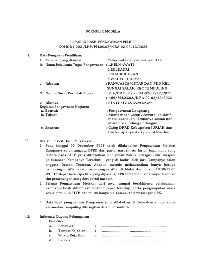 Form A Pengawasan Kampanye Caleg Juriah 9 Des 2023 | PDF