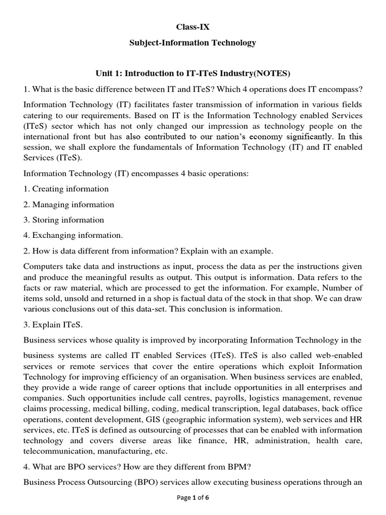 Introduction To IT and ITeS Indudtries NOTEs | PDF | Educational ...