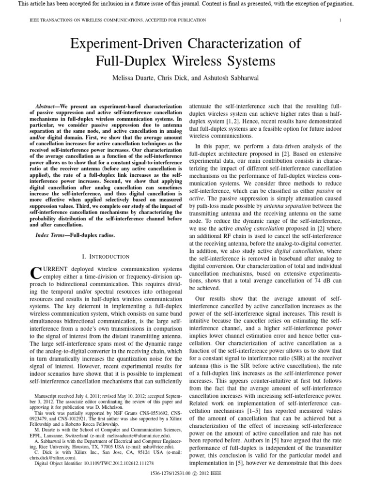 Experiment Driven Characterization Of Full Duplex Wireless Systems Pdf Duplex