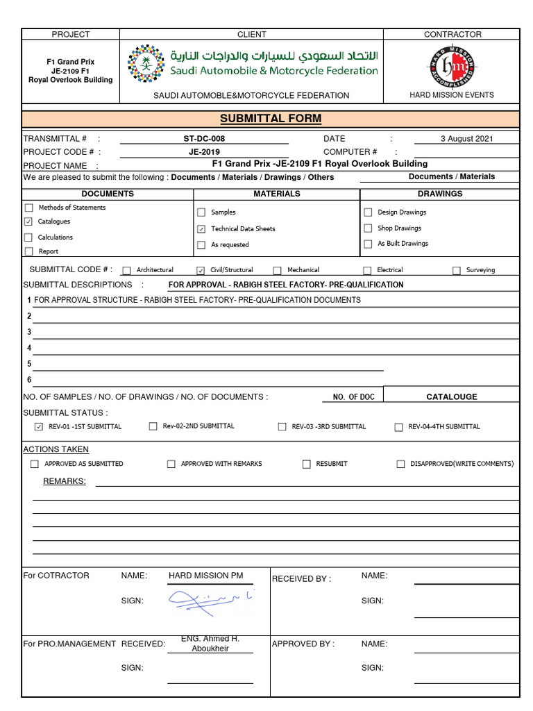 Contractor Submittal Form for Approval | PDF