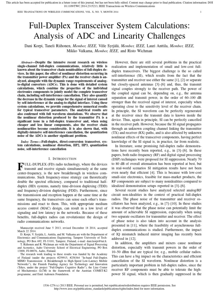 Full-Duplex Transceiver System Calculations Analysis of ADC and ...
