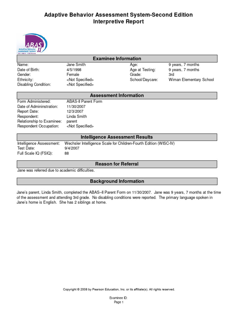 1.ABAS - II - Sample Report - Short | PDF | Wechsler Adult Intelligence ...