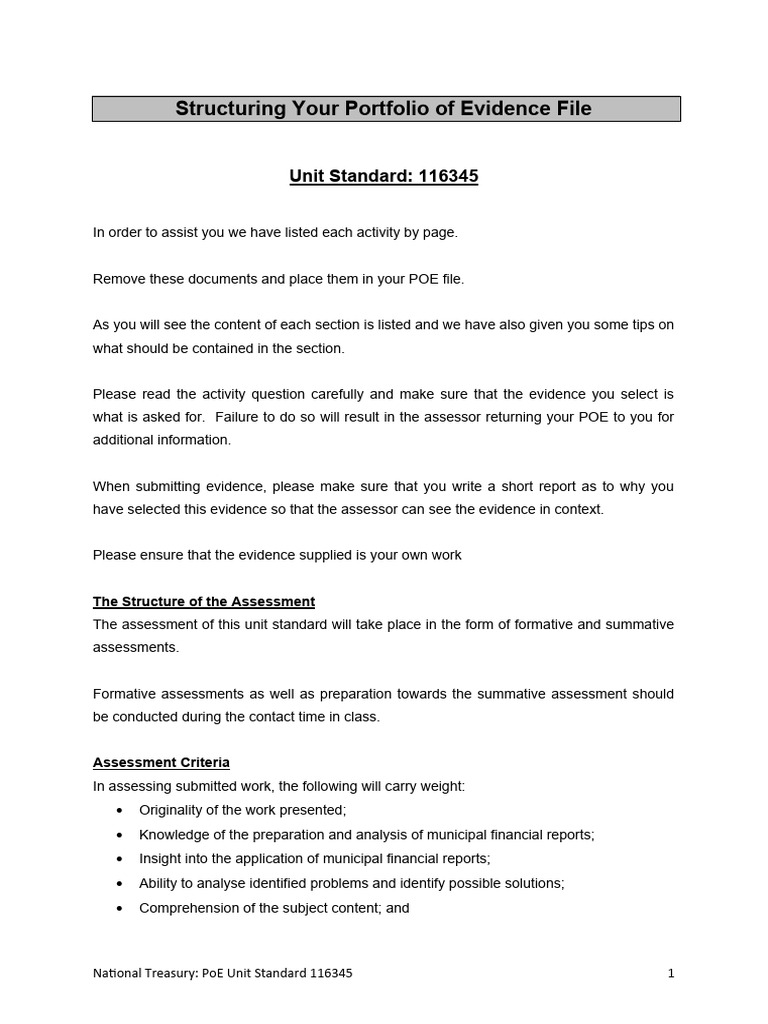 Structuring Your Portfolio of Evidence File: Unit Standard: 116345 ...