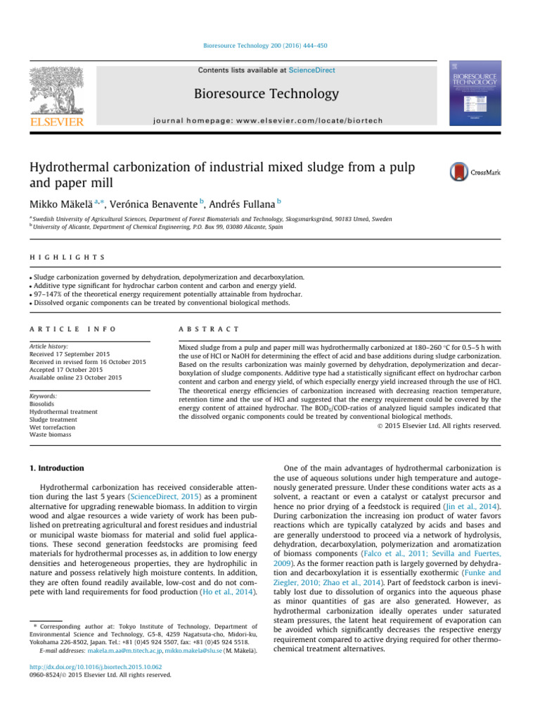 Hydrothermal Carbonization of Industrial Mixed Sludge | PDF | Catalysis | Physical Chemistry
