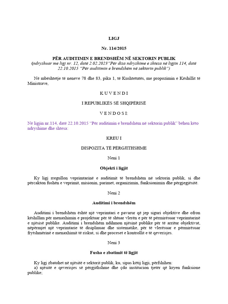 Ligji Nr.114 Datë 22.10.2015 Për Auditimin e Brendshëm Në Sektorin ...