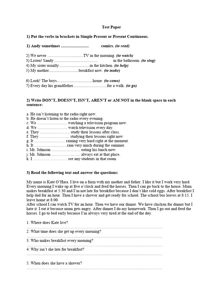 TEST PAPER PRESENT TENSE | PDF | Grammar | Linguistics