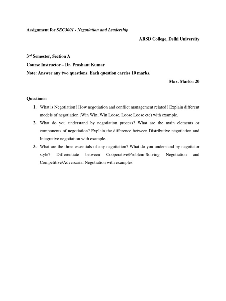 Assignment For SEC3001 Negotiation and Leadership | PDF