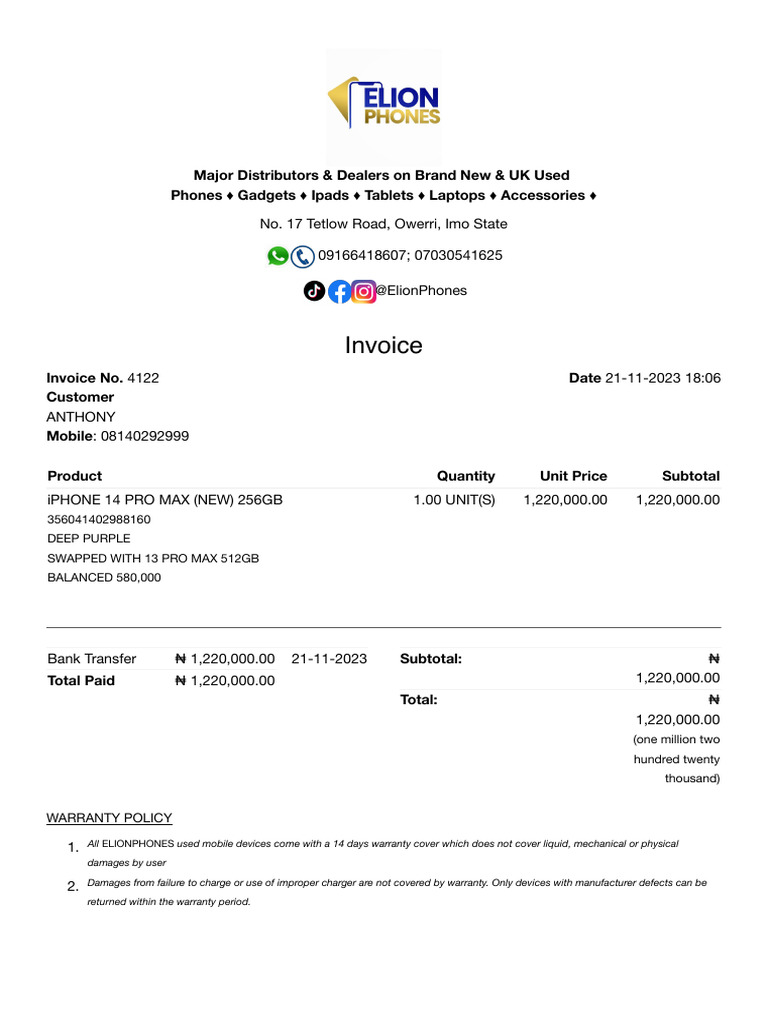 Invoice: Major Distributors & Dealers On Brand New & UK Used Phones ...