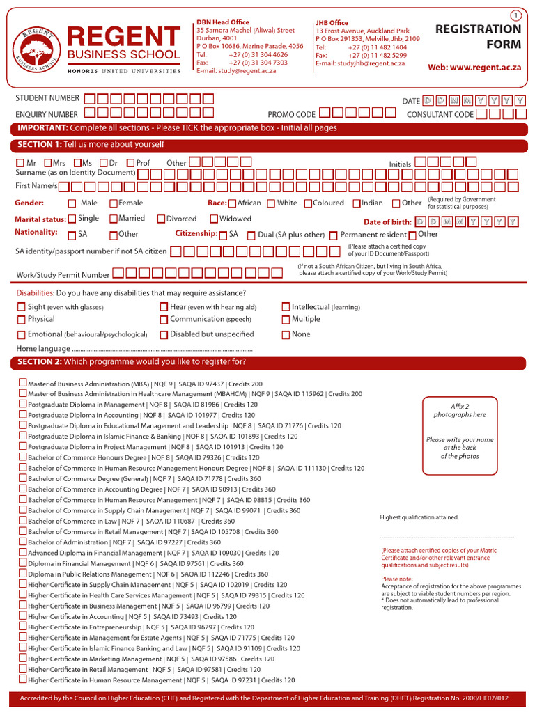 Regent Business School Registration Form | PDF | Payments | Bachelor's Degree