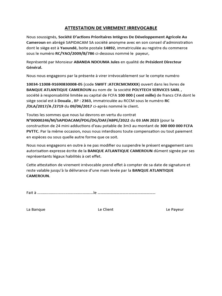 Attestation de Virement Irrévocable | PDF | Affaires | Droit
