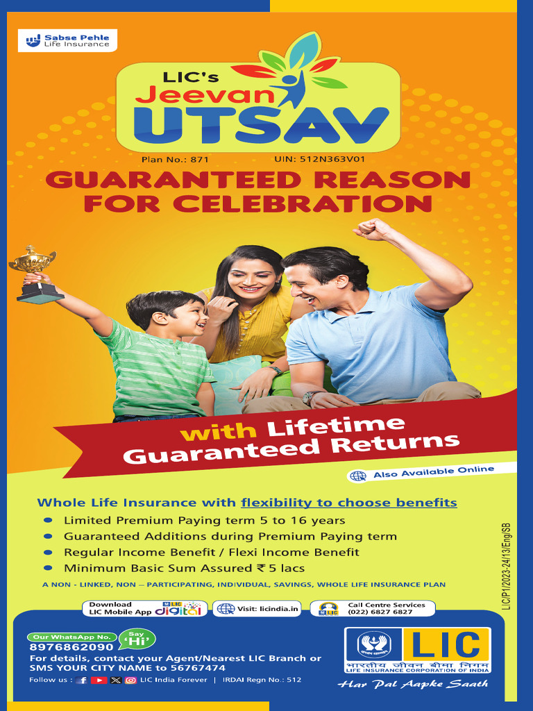 LIC - Jeevan Utsav - Brochure - 4 Inch X 9 Inch - Eng | PDF | Insurance | Life Insurance