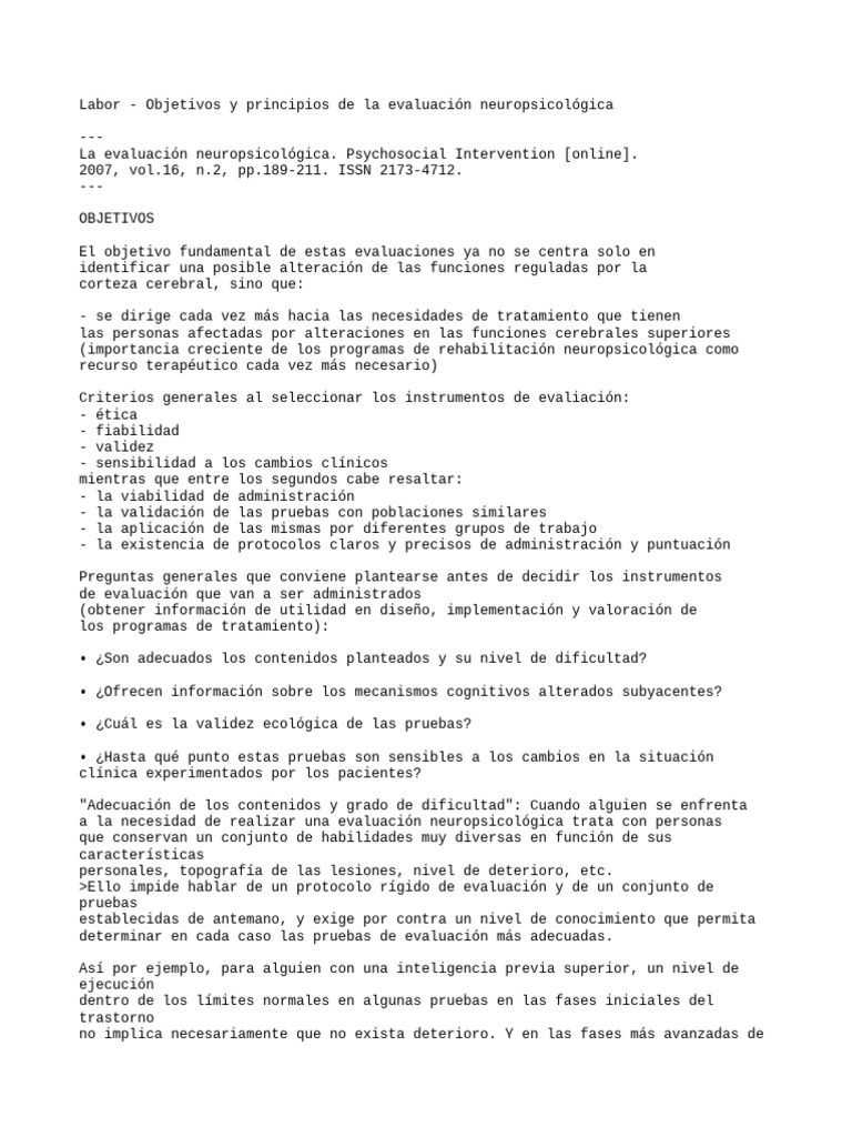 Labor - Objetivos y Principios de La Evaluaciã N Neuropsicolã Gica | PDF | Neuropsicología ...