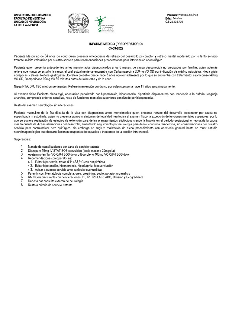 Informe Medico Wilfredo Jimenez | PDF | Neurología | Discapacidad intelectual