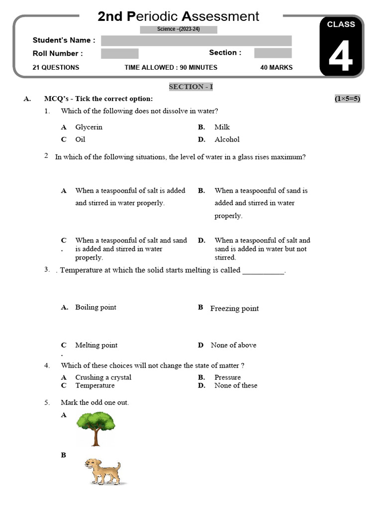 2nd Periodic Test (Set-A) Science-23-24 Grade 4 | PDF | Water | Matter