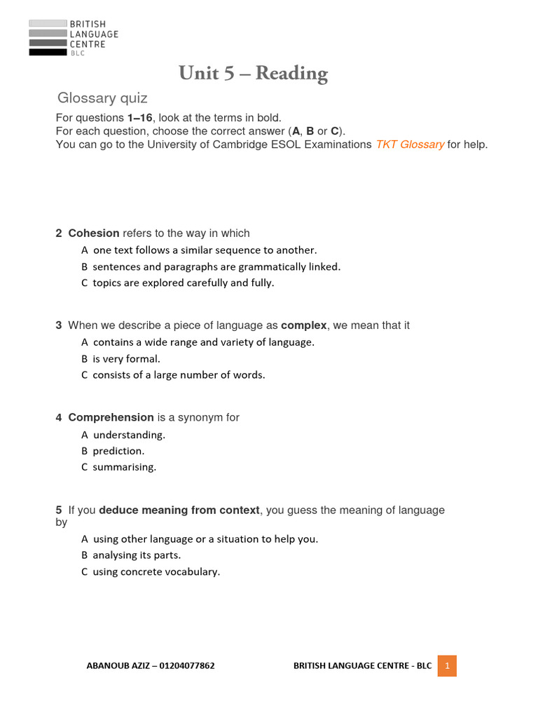 M 1 - Unit 5 - Glossary Quiz | Download Free PDF | Communication | Word
