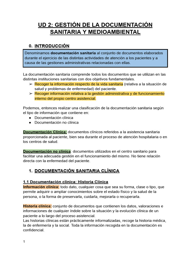 UD 2- GESTIÓN DE LA DOCUMENTACIÓN SANITARIA Y MEDIOAMBIENTAL | PDF | Historial médico | Hospital