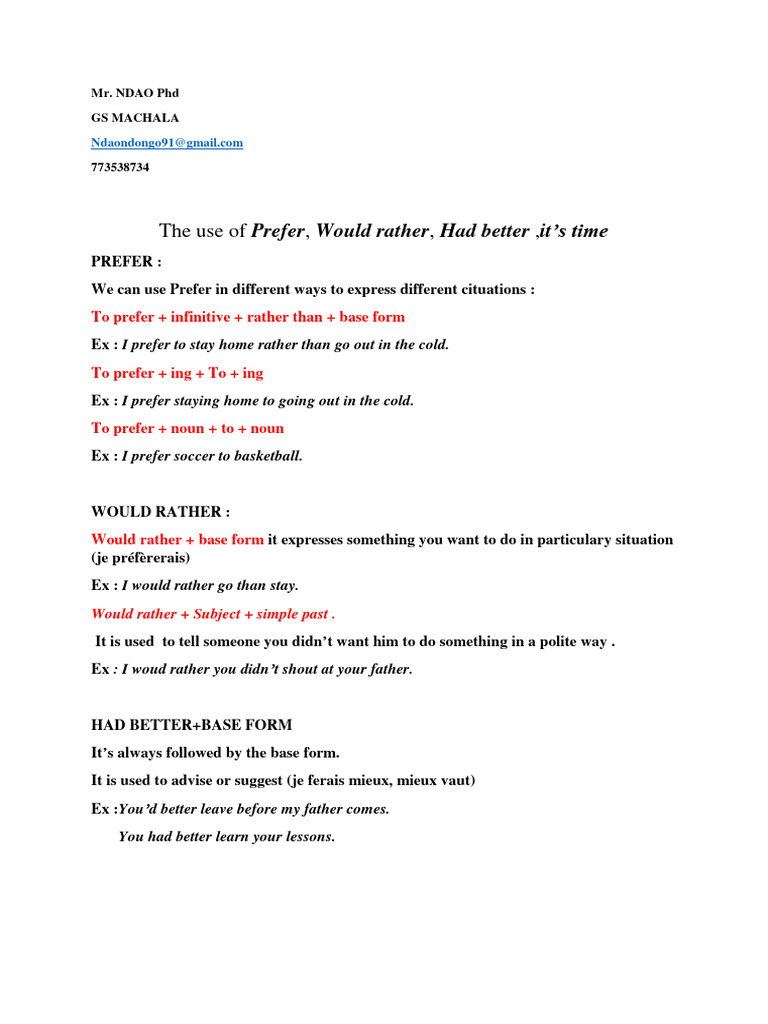 The Use of Prefer, Would Rather, Had Better, It's Time | PDF | Language Arts & Discipline